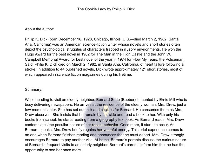 The Cookie Lady | Philip K. Dick | PDF Detailed Analysis for Exam Prep ...